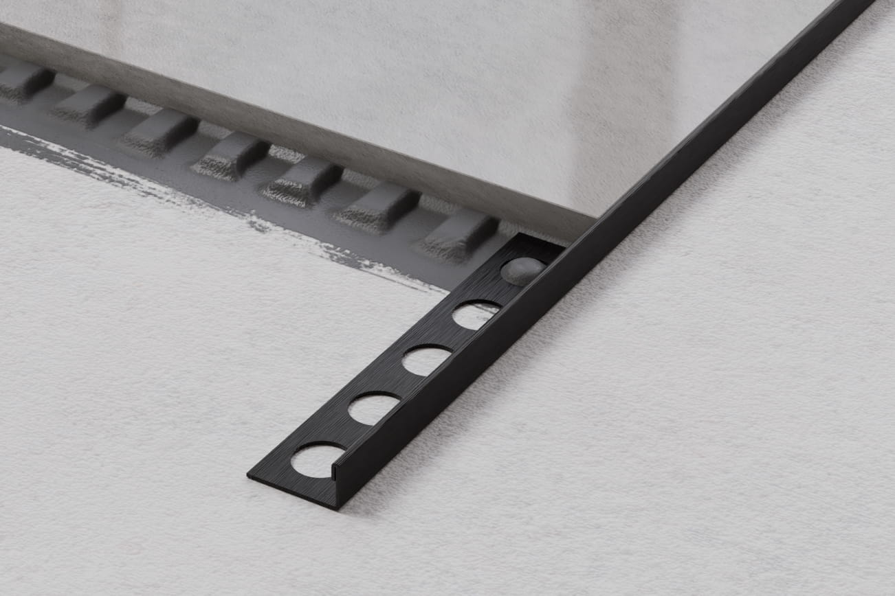 Decorative J corner profile in satin black stainless steel – ILCOM CERAMICA